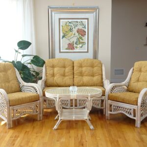 Malibu Lounge Set of 4: 2 Natural Rattan Wicker Chairs, Loveseat with Light Brown Cushions and Coffee Table w/Glass Handmade, White Wash