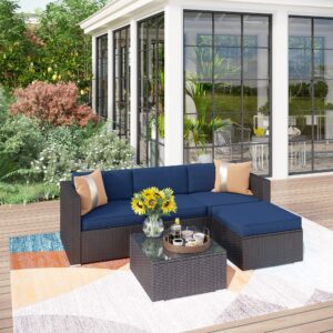 phi villa outdoor patio rattan sectional sofa- patio wicker furniture sofa set 5-piece, blue