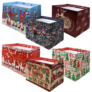 gift boutique 12 jumbo christmas tote bags with handles 15" wide x 11" high x 11" deep extra wide large giant reusable grocery shopping paper bags big gusset for food cookie container & foil tin pan