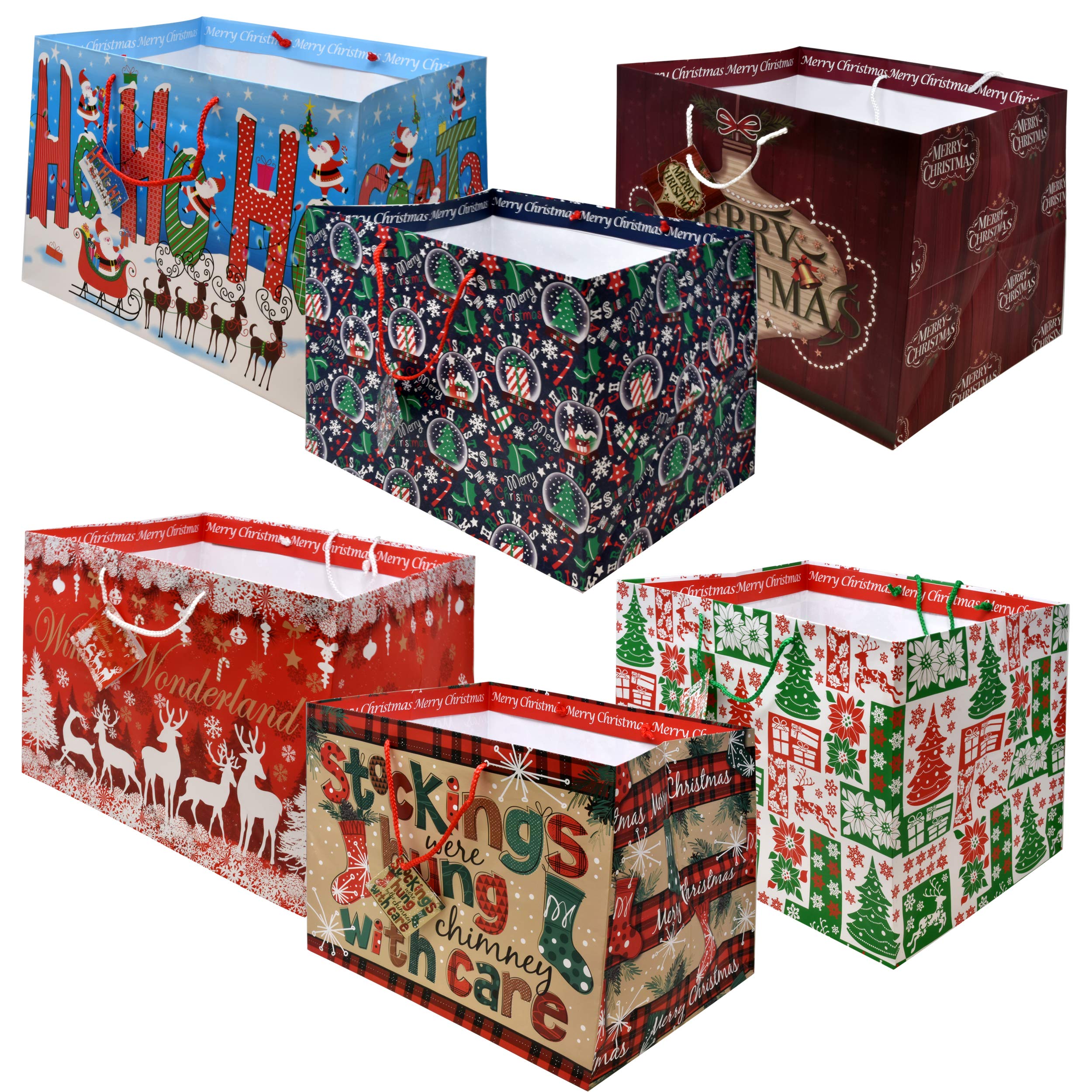 Gift Boutique 12 Jumbo Christmas Tote Bags with Handles 15" Wide X 11" High X 11" Deep Extra Wide Large Giant Reusable Grocery Shopping Paper Bags Big Gusset for Food Cookie Container & Foil Tin Pan