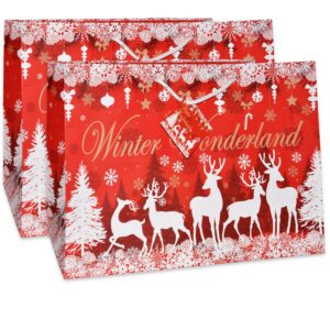 Gift Boutique 12 Jumbo Christmas Tote Bags with Handles 15" Wide X 11" High X 11" Deep Extra Wide Large Giant Reusable Grocery Shopping Paper Bags Big Gusset for Food Cookie Container & Foil Tin Pan