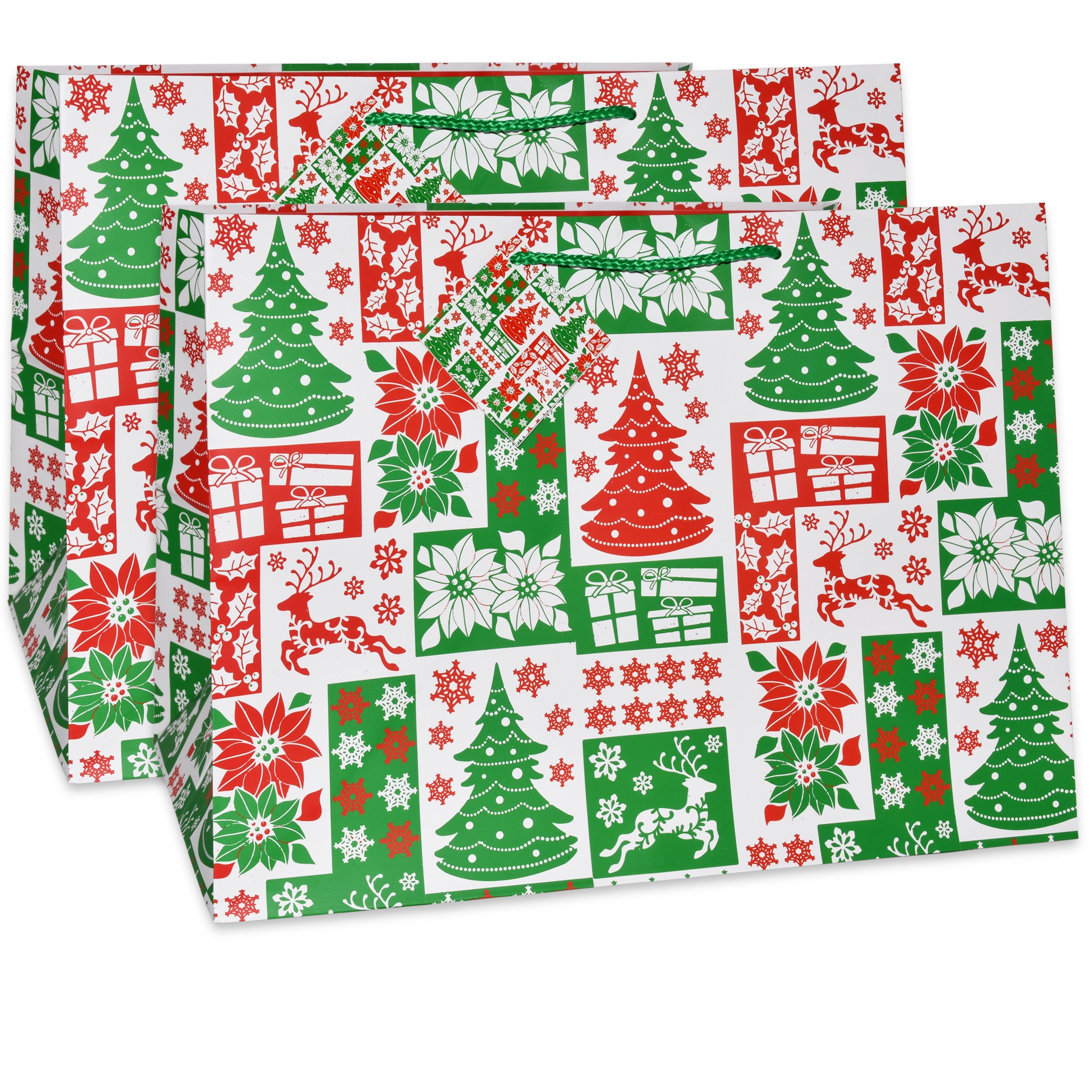 Gift Boutique 12 Jumbo Christmas Tote Bags with Handles 15" Wide X 11" High X 11" Deep Extra Wide Large Giant Reusable Grocery Shopping Paper Bags Big Gusset for Food Cookie Container & Foil Tin Pan