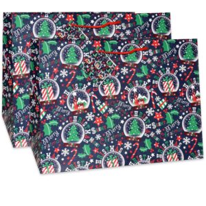 Gift Boutique 12 Jumbo Christmas Tote Bags with Handles 15" Wide X 11" High X 11" Deep Extra Wide Large Giant Reusable Grocery Shopping Paper Bags Big Gusset for Food Cookie Container & Foil Tin Pan