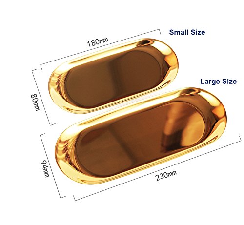 MEOLY Serving Tray Ellipse Tray Stainless Steel Summit Serving Tray Storage Disk Fruit Tray Jewellery Tray Organizer, 2pcs Pack (Gold)