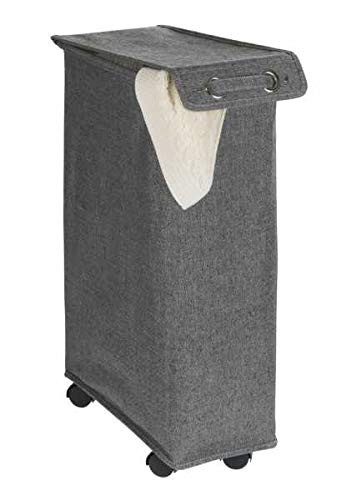 WENKO Slim Laundry Basket with Wheels, Thin Laundry Hamper, Rolling Laundry Bin with Lid, Space Saving Narrow Laundry Hamper for dirty Clothes Storage, 23.6 x 15.8 x 7.3 in, Gray