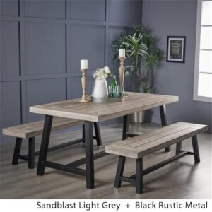 GDFStudio Indoor Farmhouse 3 Piece Light Grey Sandblast Finish Acacia Wood Picnic Set with Black Rustic Metal Finish Frame