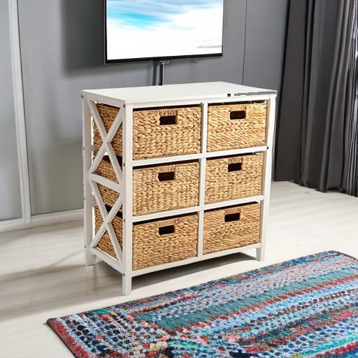 eHemco 3 Tier X-Side End Storage Cabinet, table with 6 Wicker Baskets for bedroom, living room in White