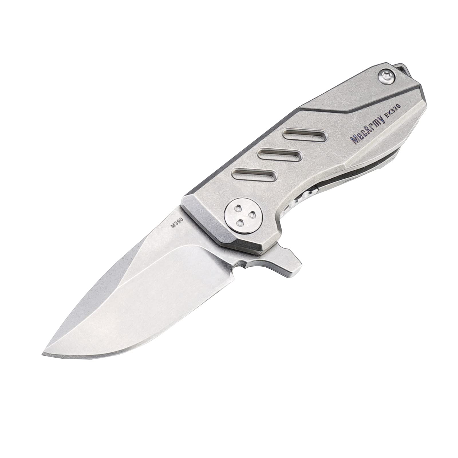 MecArmy EK33S Mini Pocket Folding Knife with Clip, One Hand Quick Opening Knives with Liner Lock for Men Titanium Handle M390 Blade EDC Knife, Aluminum EDC box and Kydex sheath included (Stonewashed)