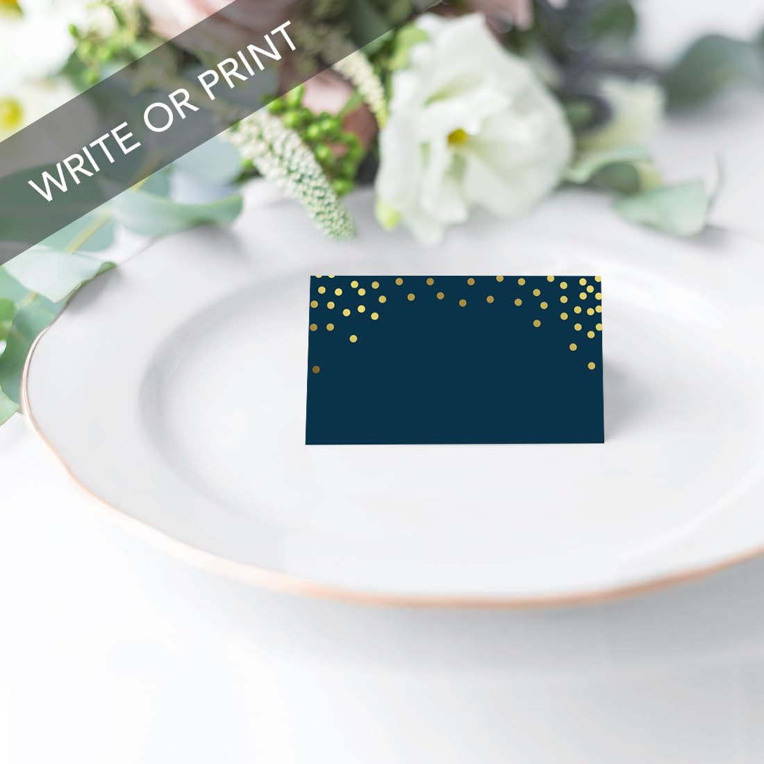 Andaz Press Navy Blue with Gold Metallic Ink, Printable Table Tent Place Cards, 20-Pack Seat Placement Cards Blank Place Cards for Table Settings Name Cards for Bridal Wedding, Graduation Food Cards