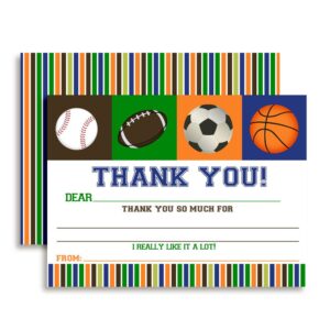 all star sports birthday thank you notes for kids, ten 4" x 5.5" fill in the blank cards with 10 white envelopes by amandacreation