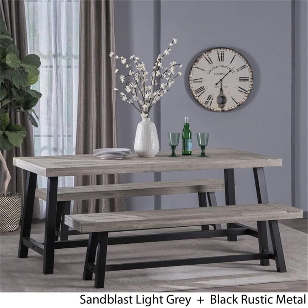 GDFStudio Indoor Farmhouse 3 Piece Light Grey Sandblast Finish Acacia Wood Picnic Set with Black Rustic Metal Finish Frame