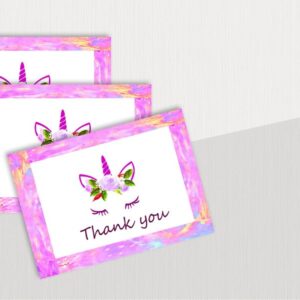 Unicorn Thank You Cards - 4x7 Inches of 50 Purple and Pink Unicorn Design Blank Card Notes with Envelopes - Perfect for Kids and Birthday Parties, Write Happy Gift-Notes for Baby, Graduation, Weddings