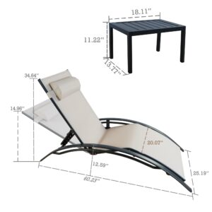 Kozyard KozyLounge Elegant Patio Reclining Adjustable Chaise Lounge Aluminum and Textilene Sunbathing Chair for All Weather with headrest (2 Packs), Very Light, (Taupe W/Table)