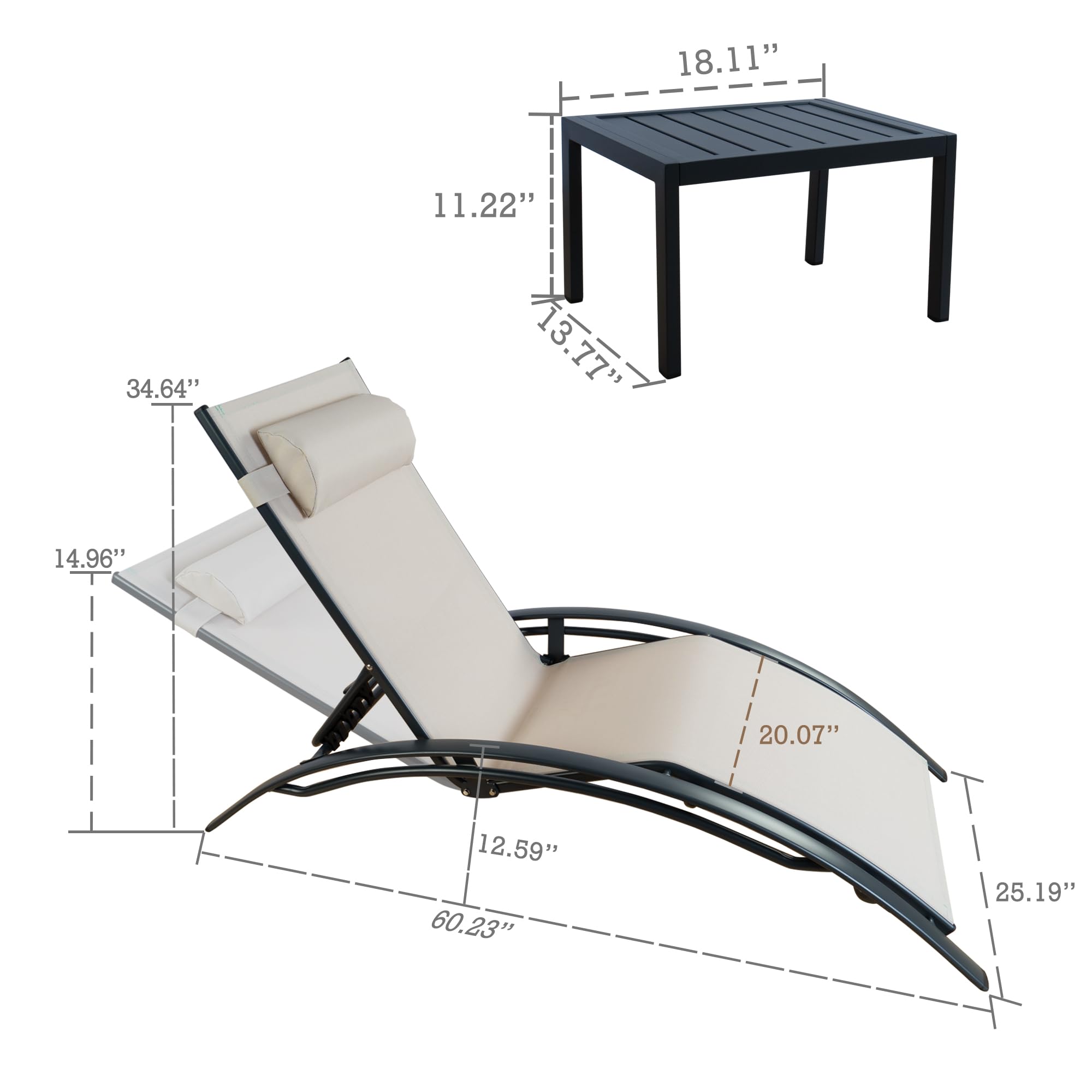 Kozyard KozyLounge Elegant Patio Reclining Adjustable Chaise Lounge Aluminum and Textilene Sunbathing Chair for All Weather with headrest (2 Packs), Very Light, (Taupe W/Table)