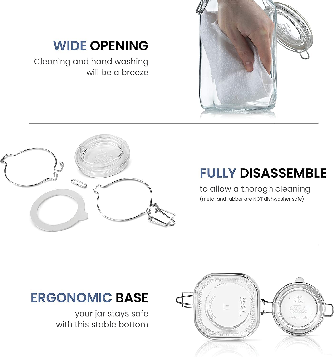 Bormioli Rocco Fido Collection, 2 Pack, 17 Oz. Food Storage Glass Jars, Airtight Rubber Seal & Glass Lid, With Stainless Wire Clamp, Made In Italy.