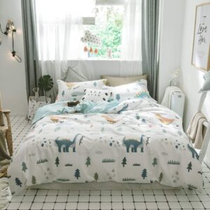 bulutu dinosaur kids bedding sets twin cotton,3 pieces premium soft reversible dino forest print teen boys girls twin duvet cover set cotton with zipper closure and ties,no comforter