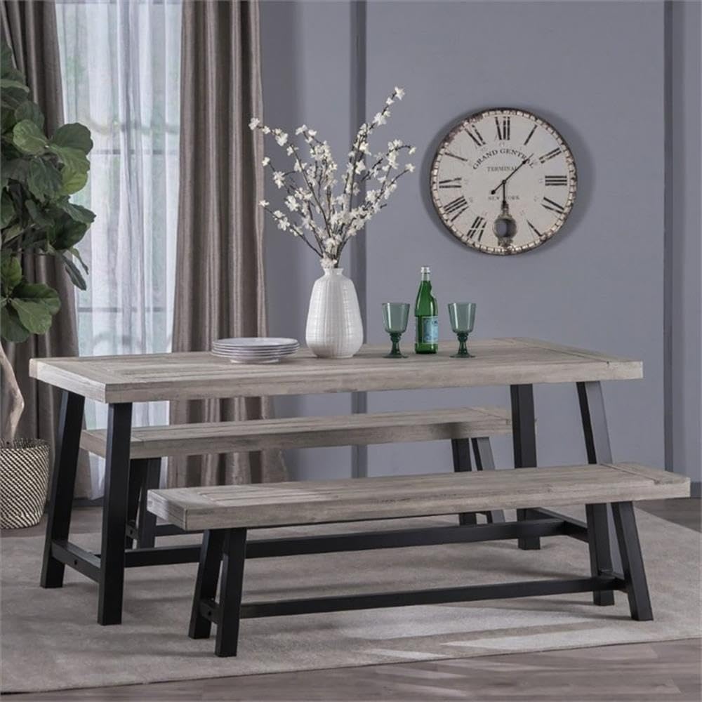 GDFStudio Indoor Farmhouse 3 Piece Light Grey Sandblast Finish Acacia Wood Picnic Set with Black Rustic Metal Finish Frame