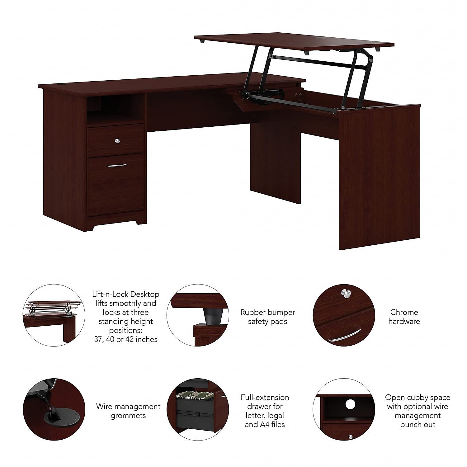 Bush Furniture Cabot 60W 3 Position L Shaped Sit to Stand Desk, Harvest Cherry (CAB043HVC)