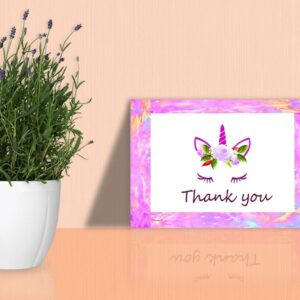 Unicorn Thank You Cards - 4x7 Inches of 50 Purple and Pink Unicorn Design Blank Card Notes with Envelopes - Perfect for Kids and Birthday Parties, Write Happy Gift-Notes for Baby, Graduation, Weddings