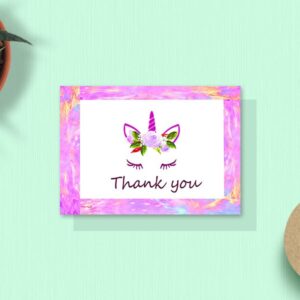 Unicorn Thank You Cards - 4x7 Inches of 50 Purple and Pink Unicorn Design Blank Card Notes with Envelopes - Perfect for Kids and Birthday Parties, Write Happy Gift-Notes for Baby, Graduation, Weddings