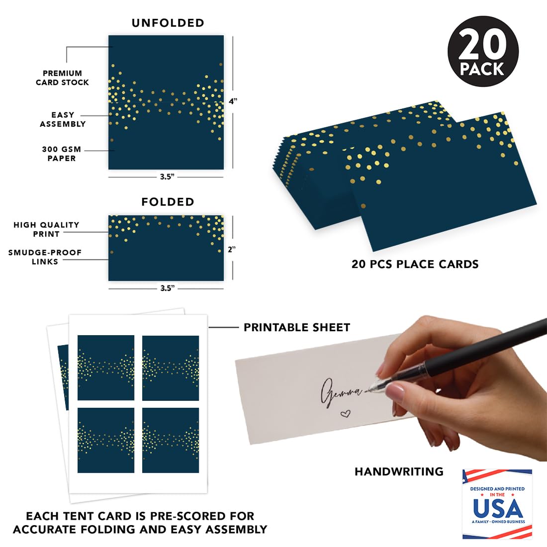 Andaz Press Navy Blue with Gold Metallic Ink, Printable Table Tent Place Cards, 20-Pack Seat Placement Cards Blank Place Cards for Table Settings Name Cards for Bridal Wedding, Graduation Food Cards