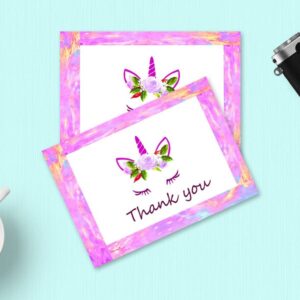 Unicorn Thank You Cards - 4x7 Inches of 50 Purple and Pink Unicorn Design Blank Card Notes with Envelopes - Perfect for Kids and Birthday Parties, Write Happy Gift-Notes for Baby, Graduation, Weddings