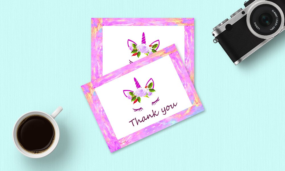 Unicorn Thank You Cards - 4x7 Inches of 50 Purple and Pink Unicorn Design Blank Card Notes with Envelopes - Perfect for Kids and Birthday Parties, Write Happy Gift-Notes for Baby, Graduation, Weddings