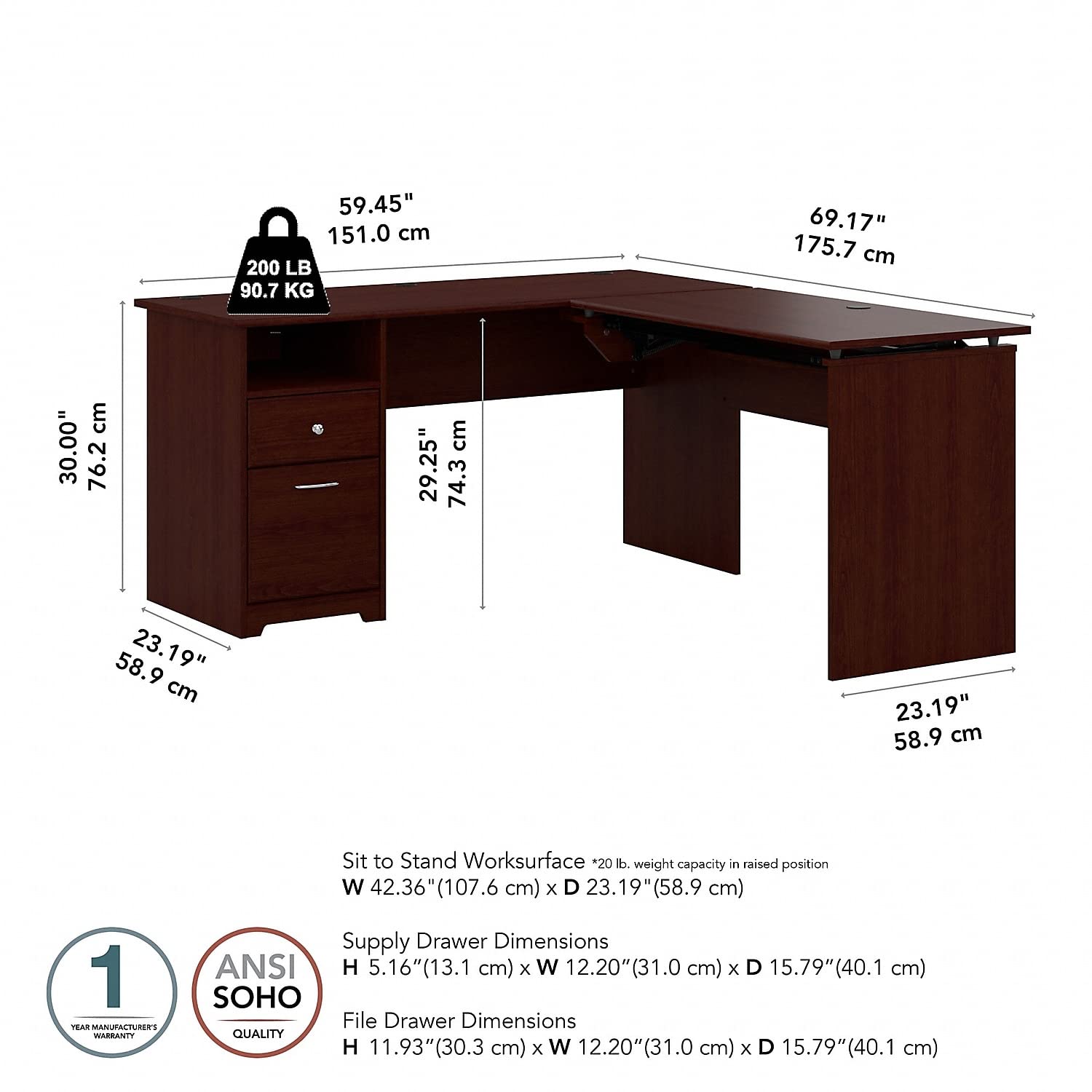 Bush Furniture Cabot 60W 3 Position L Shaped Sit to Stand Desk, Harvest Cherry (CAB043HVC)