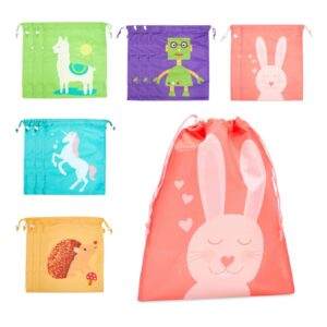 blue panda 15 pack drawstring animal themed party favor bags for kids birthday, 5 designs (10 x 12 in)