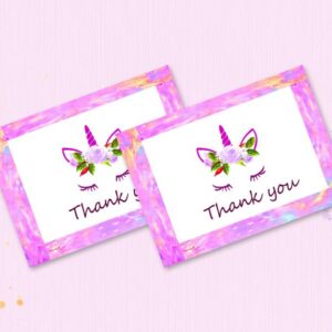 Unicorn Thank You Cards - 4x7 Inches of 50 Purple and Pink Unicorn Design Blank Card Notes with Envelopes - Perfect for Kids and Birthday Parties, Write Happy Gift-Notes for Baby, Graduation, Weddings