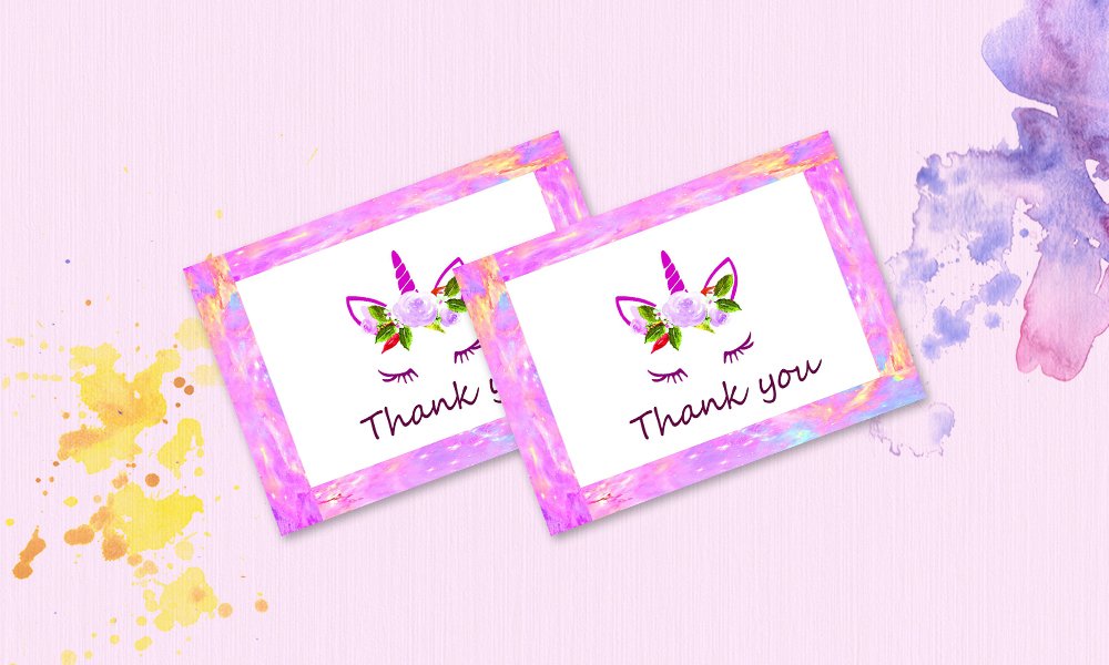 Unicorn Thank You Cards - 4x7 Inches of 50 Purple and Pink Unicorn Design Blank Card Notes with Envelopes - Perfect for Kids and Birthday Parties, Write Happy Gift-Notes for Baby, Graduation, Weddings