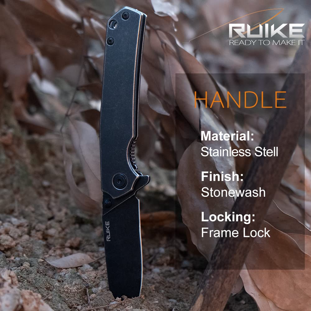 Ruike Pocket Knife for men Tactical Folding Knives Small Frame Lock 14C28N Stainless Cool Steel Camping Knives with Pocket Clip Hiking WorK EDC Knife Outdoor Gear Tool Women Gifts P801-SB