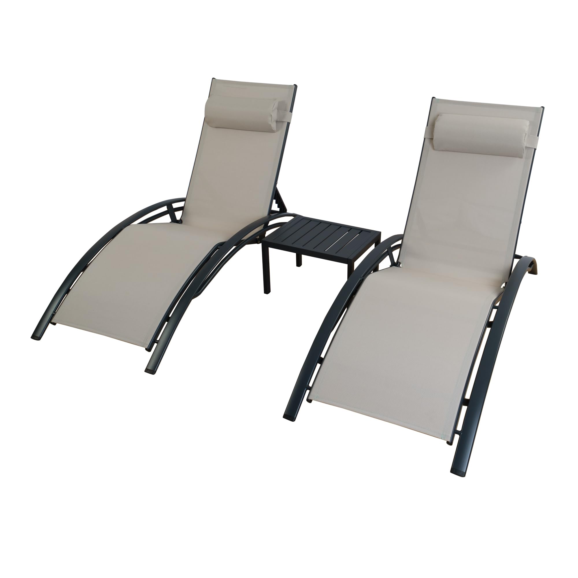 Kozyard KozyLounge Elegant Patio Reclining Adjustable Chaise Lounge Aluminum and Textilene Sunbathing Chair for All Weather with headrest (2 Packs), Very Light, (Taupe W/Table)