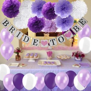 Purple Bridal Shower Decorations Set- Bride To Be Banner White Lavender Purple Big Size Tissue Paper Flower Pom Poms Latex Balloons for Lavender Purple Wedding Party Decor/Bachelorette Party