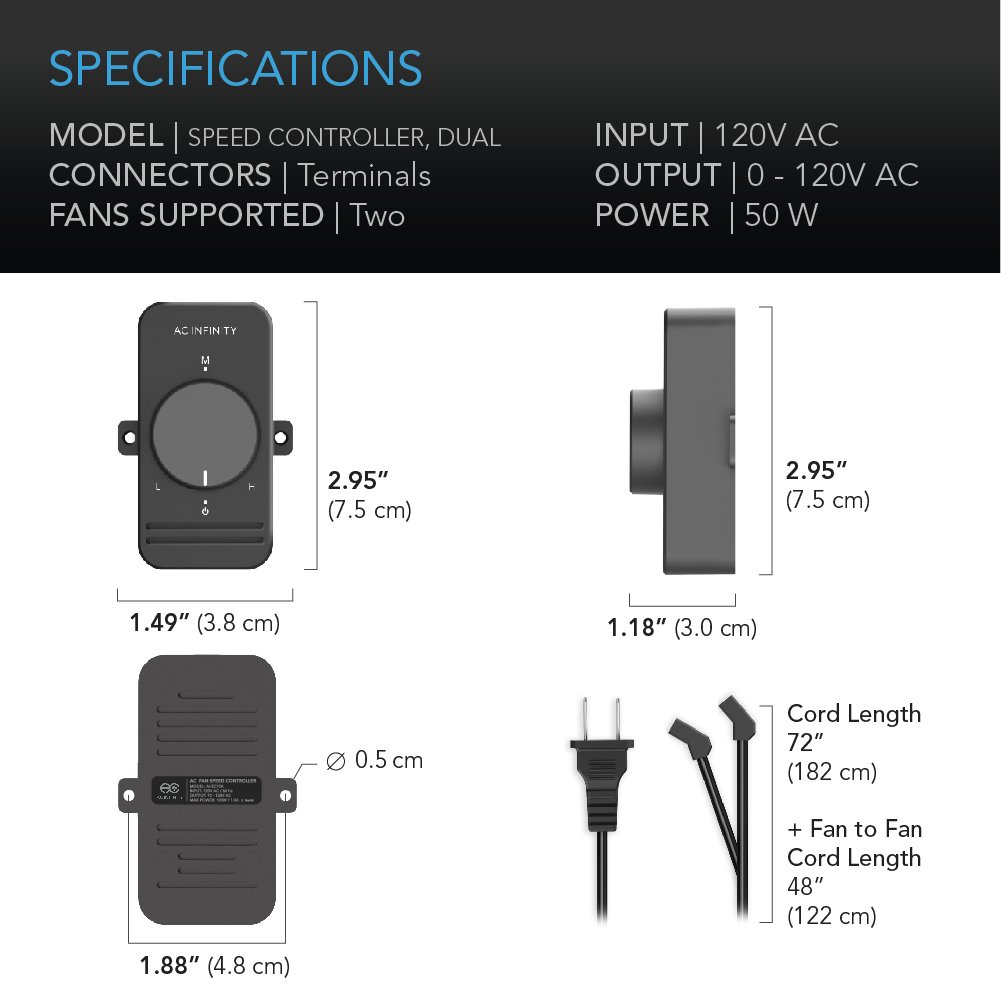 AC Infinity, Fan Speed Controller for 100 to 125V AC Axial Muffin Cooling Fans, Dual Connector, for DIY Cooling Ventilation Exhaust Projects