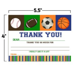 All Star Sports Birthday Thank You Notes for Kids, Ten 4" x 5.5" Fill In the Blank Cards with 10 White Envelopes by AmandaCreation