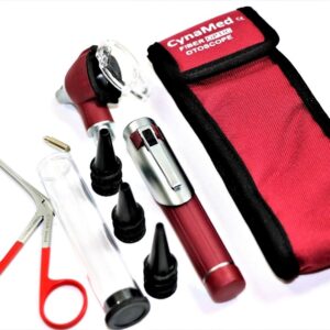 Premium Student Home Use Led Bright Light ENT Diagnostic Otoscope Pocket Size Burgundy Plus Alligator Ear Nose Forceps Plus 1 Extra Replacement Bulb Cynamed