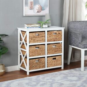 eHemco 3 Tier X-Side End Storage Cabinet, table with 6 Wicker Baskets for bedroom, living room in White