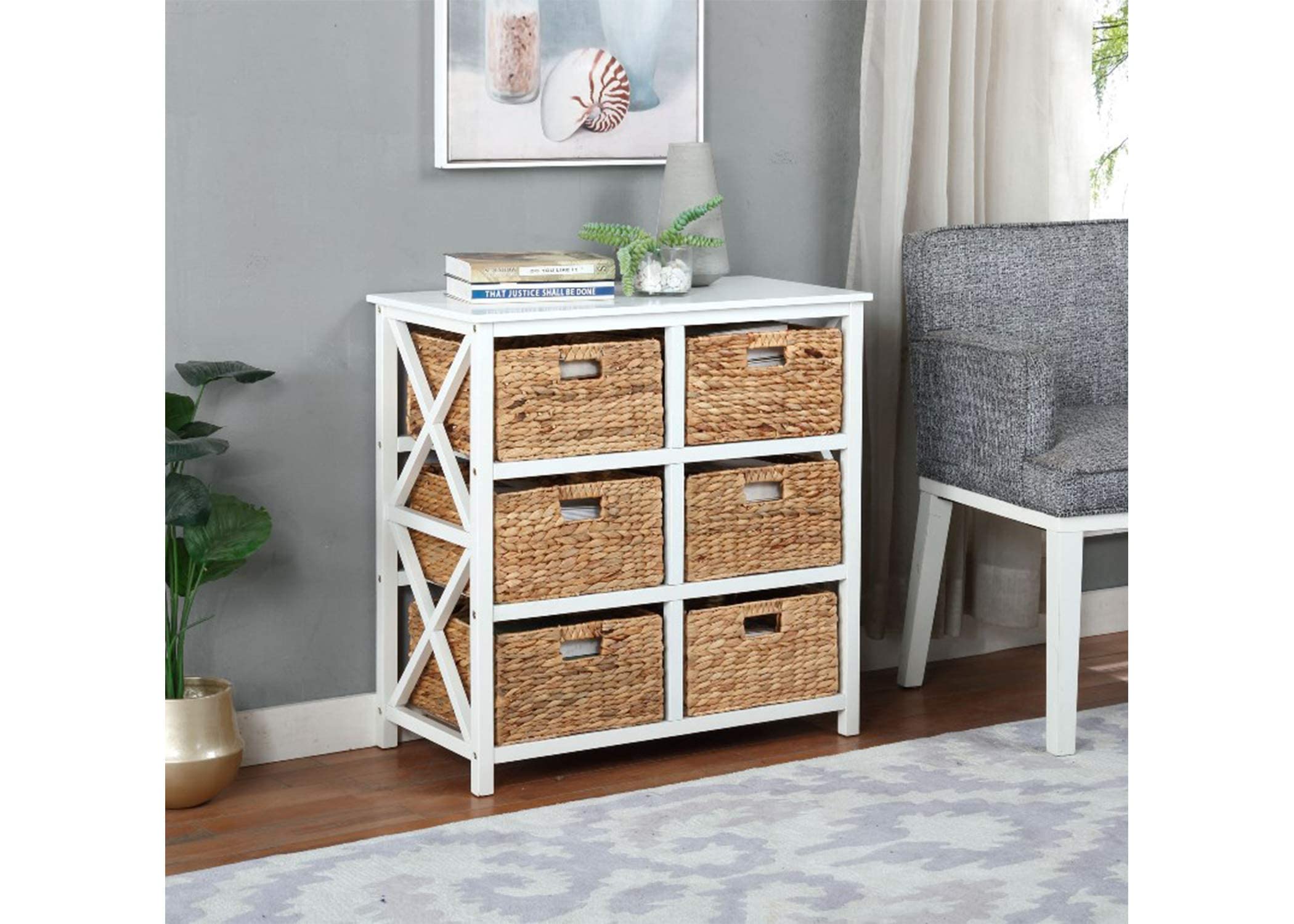 eHemco 3 Tier X-Side End Storage Cabinet, table with 6 Wicker Baskets for bedroom, living room in White