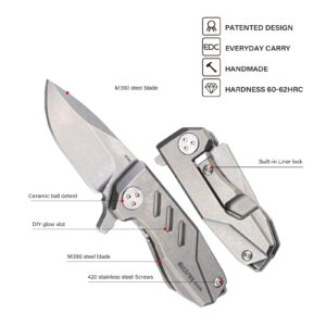 MecArmy EK33S Mini Pocket Folding Knife with Clip, One Hand Quick Opening Knives with Liner Lock for Men Titanium Handle M390 Blade EDC Knife, Aluminum EDC box and Kydex sheath included (Stonewashed)