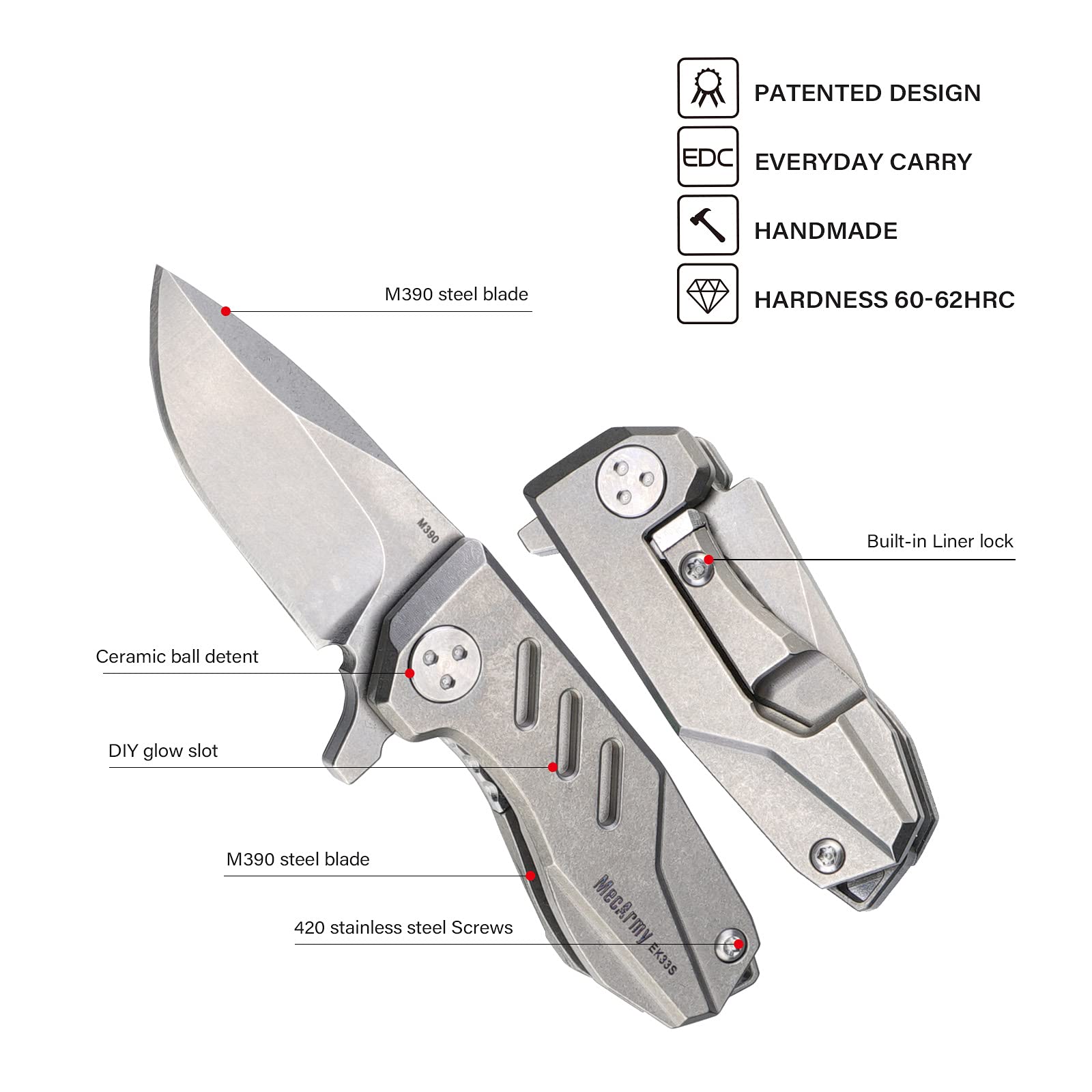 MecArmy EK33S Mini Pocket Folding Knife with Clip, One Hand Quick Opening Knives with Liner Lock for Men Titanium Handle M390 Blade EDC Knife, Aluminum EDC box and Kydex sheath included (Stonewashed)