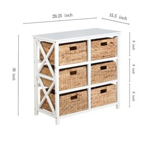 eHemco 3 Tier X-Side End Storage Cabinet, table with 6 Wicker Baskets for bedroom, living room in White