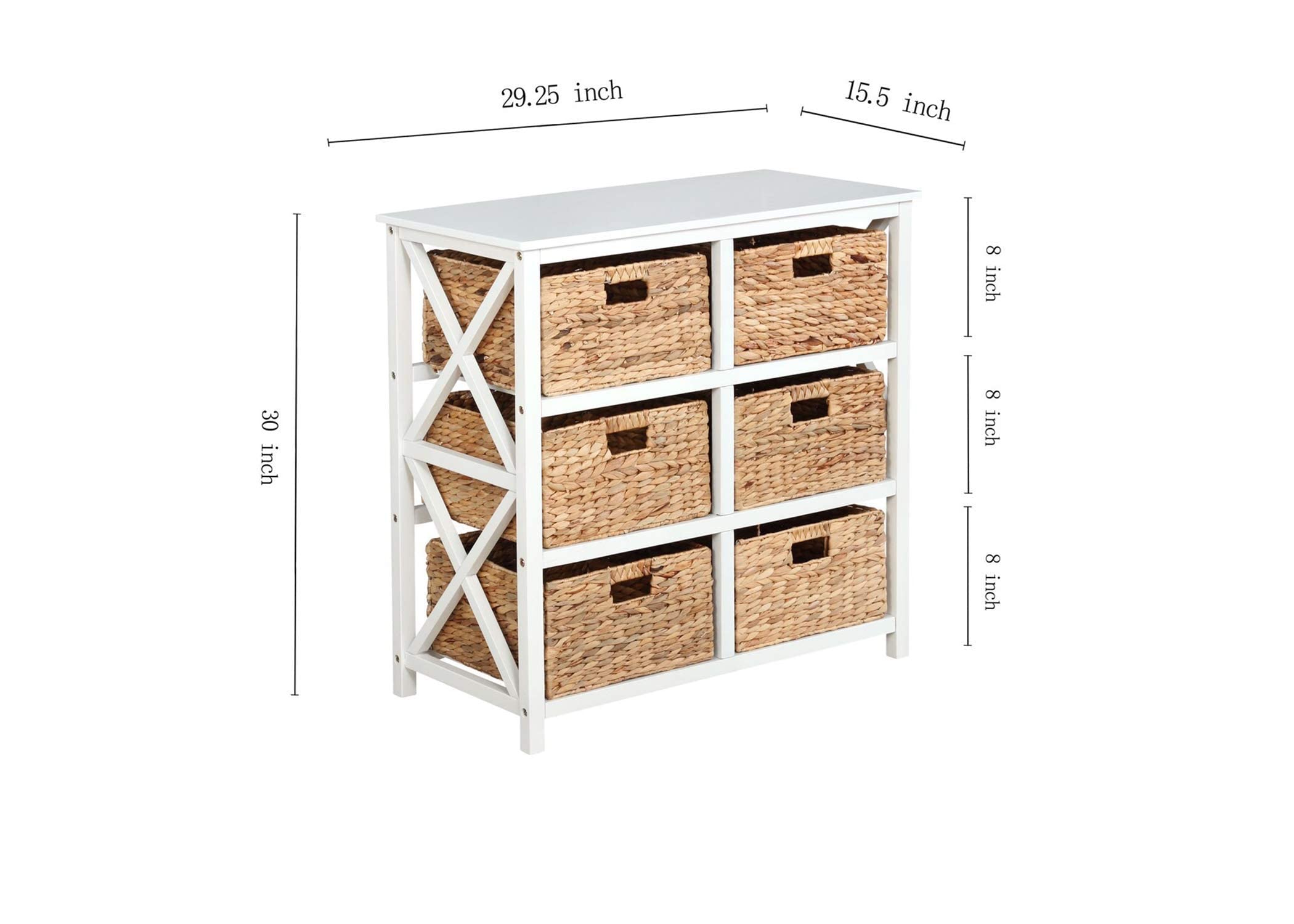 eHemco 3 Tier X-Side End Storage Cabinet, table with 6 Wicker Baskets for bedroom, living room in White