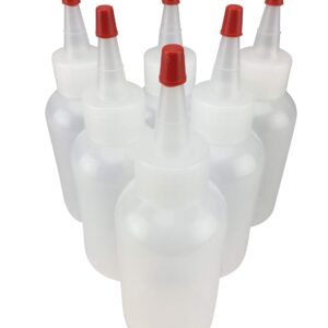 Hobbyland Squeeze Bottles, LDPE Plastic Bottles, Natural Boston Round Bottles, Yorker Spout Red Caps, Tips have .30 Hole (4oz, 24/410 Neck, 6 Bottles)