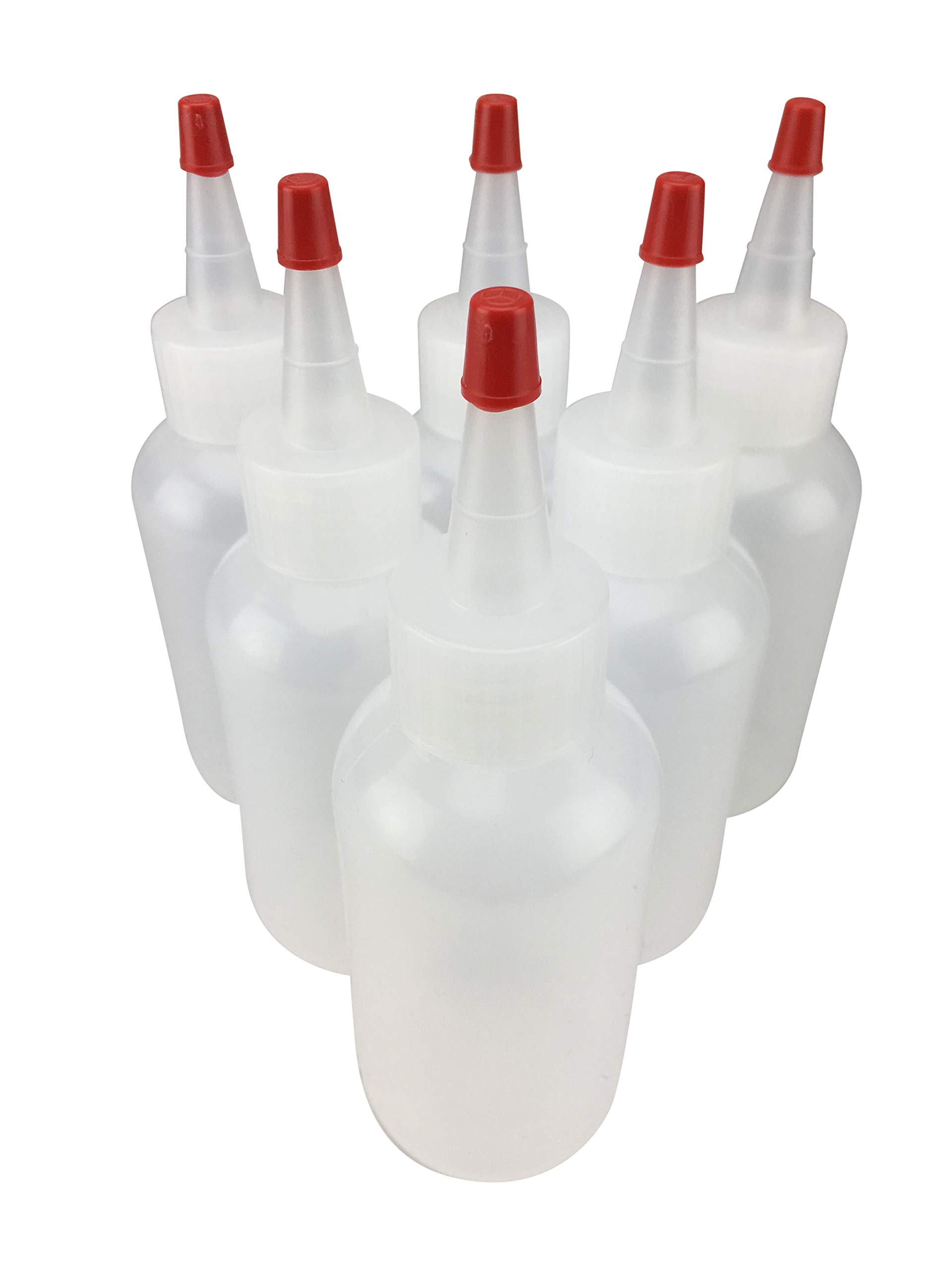 Hobbyland Squeeze Bottles, LDPE Plastic Bottles, Natural Boston Round Bottles, Yorker Spout Red Caps, Tips have .30 Hole (4oz, 24/410 Neck, 6 Bottles)