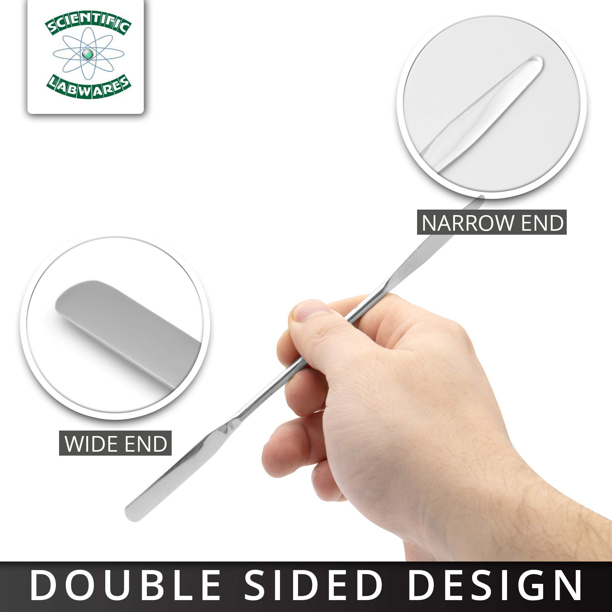 Scientific Labwares Lab Micro Double Ended Spatula Round/Tapered Arrow End, Flat Ends 50 mm X 9 mm, 7" Length, Stainless Steel