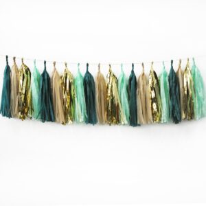 nicrolandee 20pcs wedding party tassel sage green champagne gold and teal tassel garland for rustic style bridal shower baby shower spring decor birthday eucalyptus neutral decorations (green)