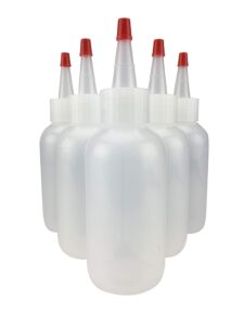 hobbyland squeeze bottles, ldpe plastic bottles, natural boston round bottles, yorker spout red caps, tips have .30 hole (4oz, 24/410 neck, 6 bottles)