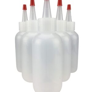 Hobbyland Squeeze Bottles, LDPE Plastic Bottles, Natural Boston Round Bottles, Yorker Spout Red Caps, Tips have .30 Hole (4oz, 24/410 Neck, 6 Bottles)