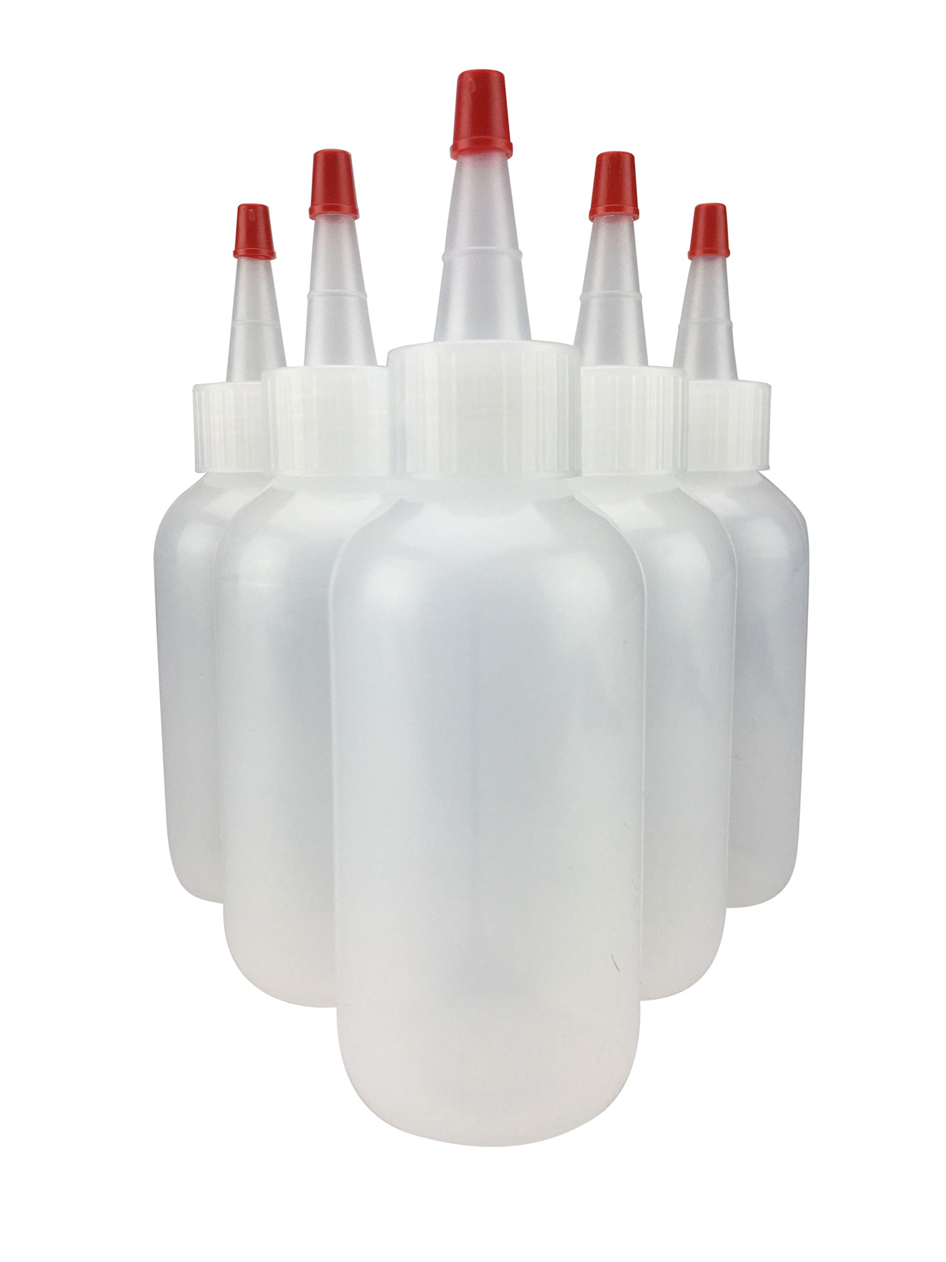 Hobbyland Squeeze Bottles, LDPE Plastic Bottles, Natural Boston Round Bottles, Yorker Spout Red Caps, Tips have .30 Hole (4oz, 24/410 Neck, 6 Bottles)